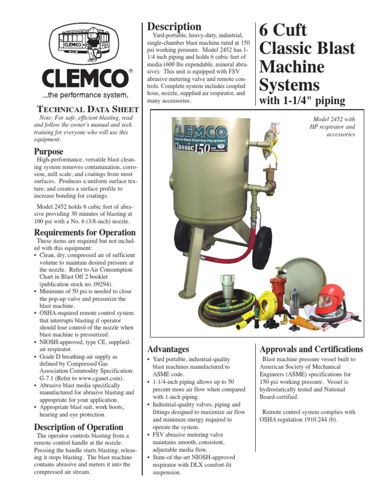 Clemco Classic Blast Machine 150 PSI 6 CF 2452 Model 2 | PDF | Valve ...