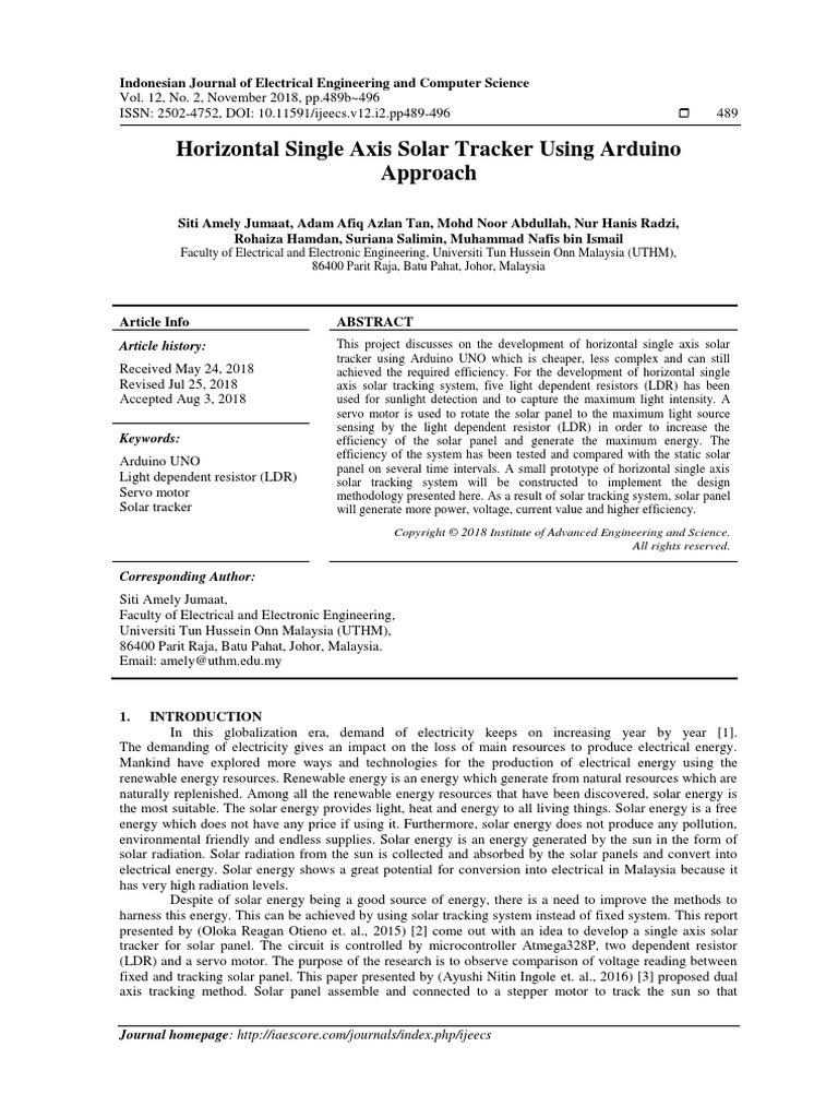 Horizontal Single Axis Solar Tracker Using Arduino Approach | PDF ...