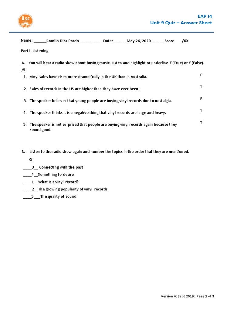 Eap I4 Unit 9 Quiz Answer Sheet V4 0919 Pdf Cognitive Science