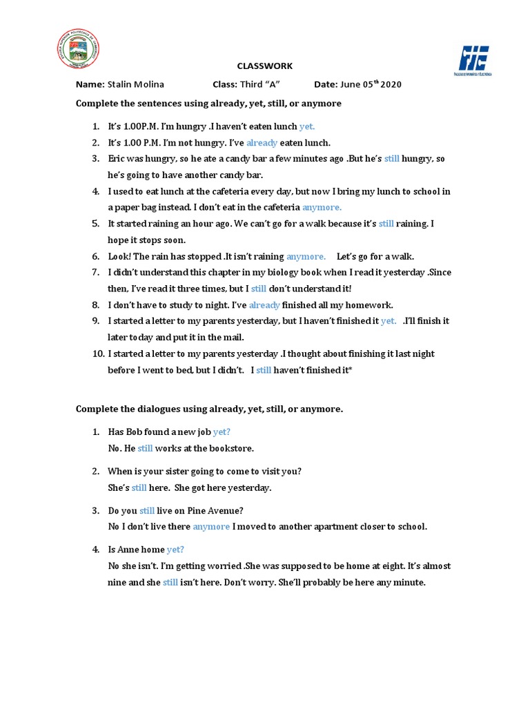 Exercises on Still, Yet, and Already | PDF | Foods