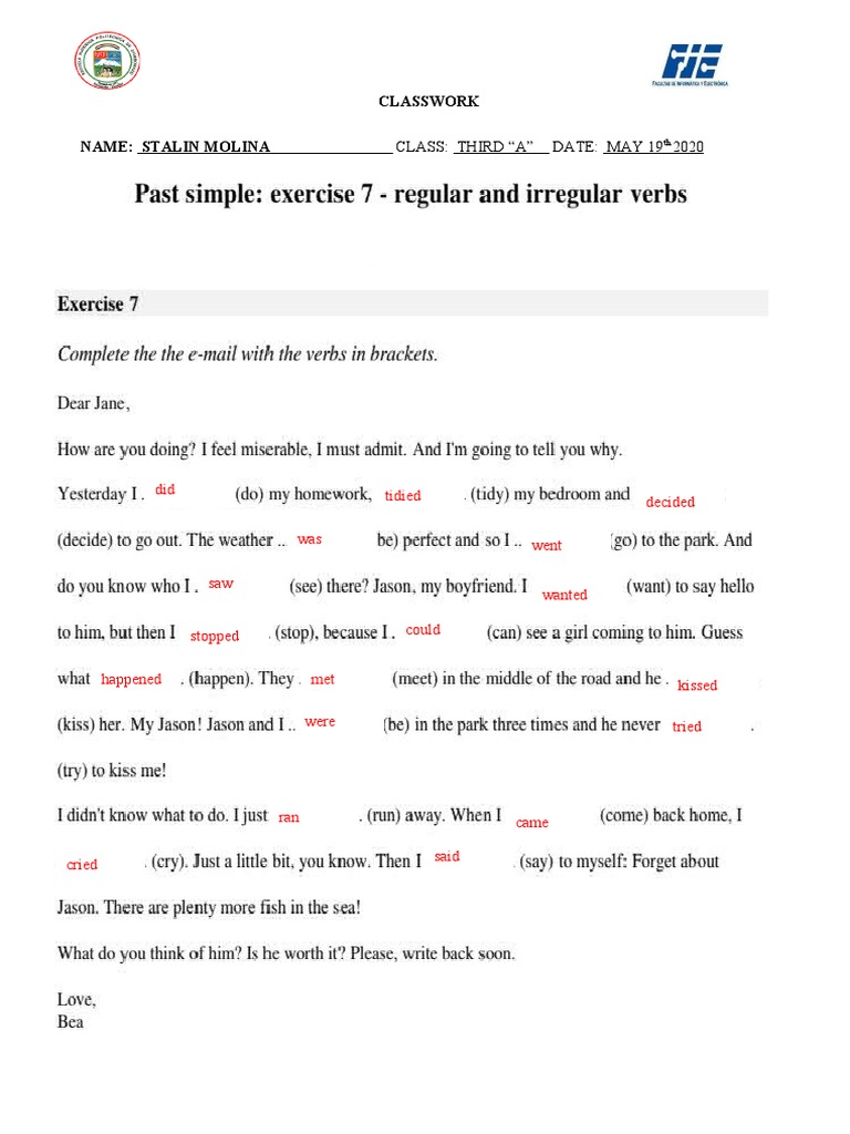 Classwork Regular and Irregular Verbs | PDF