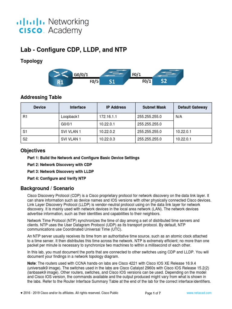 10.8.2 Lab Configure CDP, LLDP, and NTP - PDF Answer | PDF | Computer Network | Network Topology