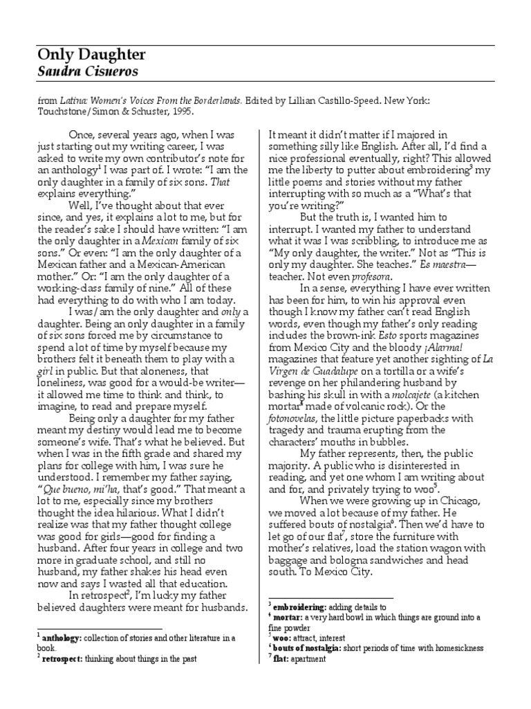 Only Daughter: Sandra Cisneros | PDF