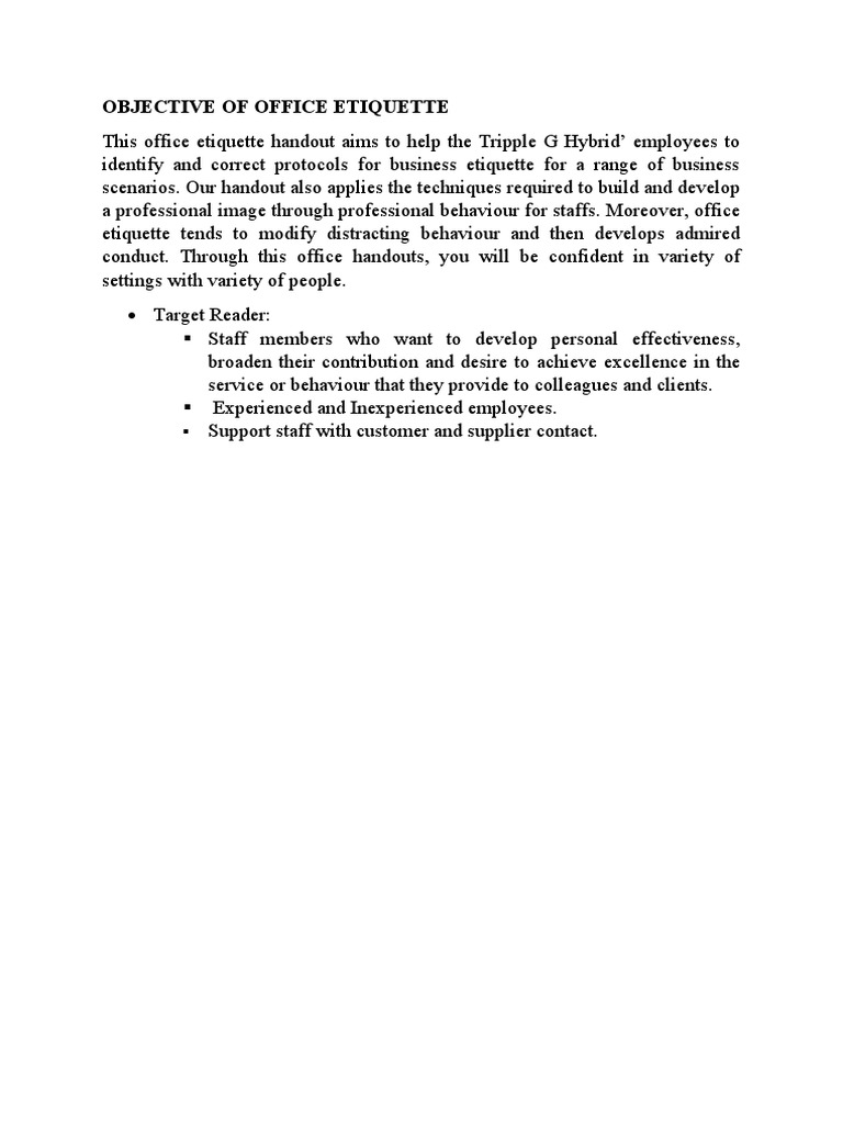 Objective of Office Etiquette | PDF