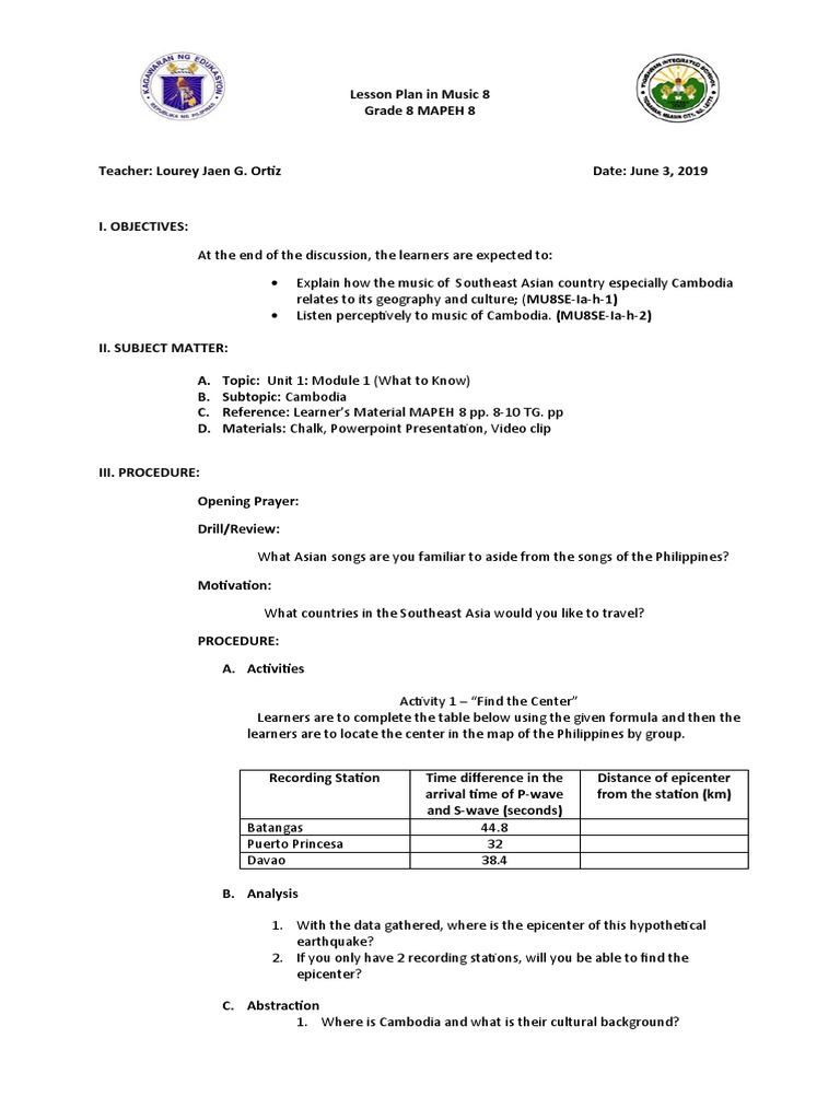 Lesson Plan in Music 8 | PDF | Lesson Plan | Learning