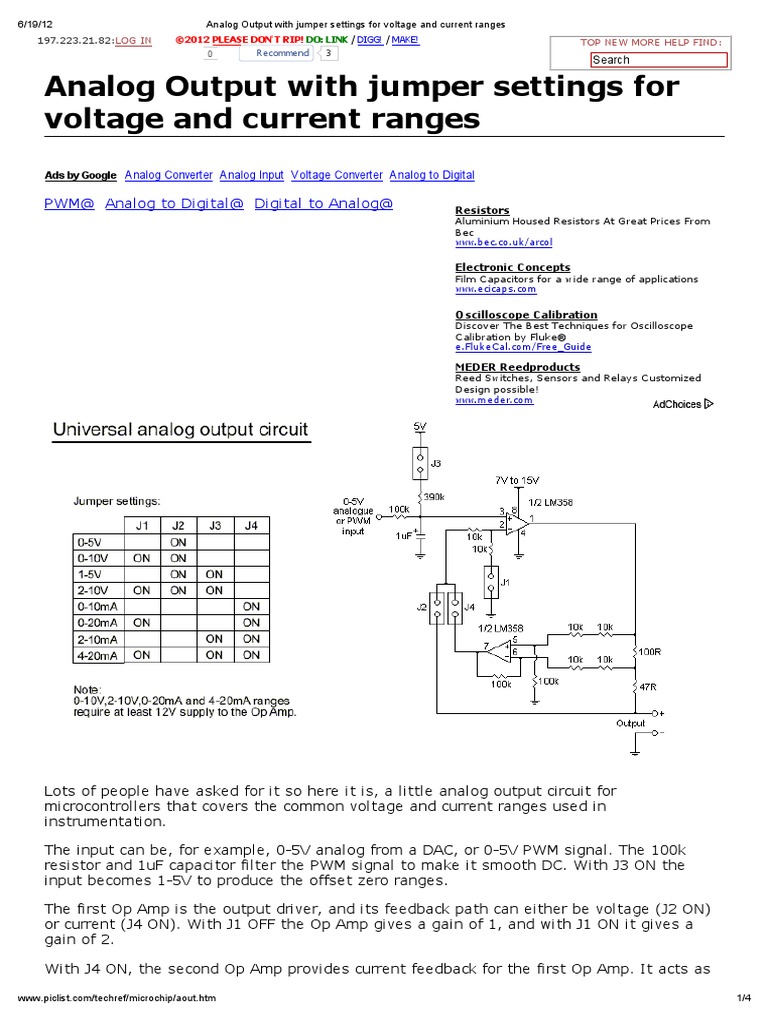 Analog Output With Jumper Settings For Voltage and Current Ranges | PDF ...