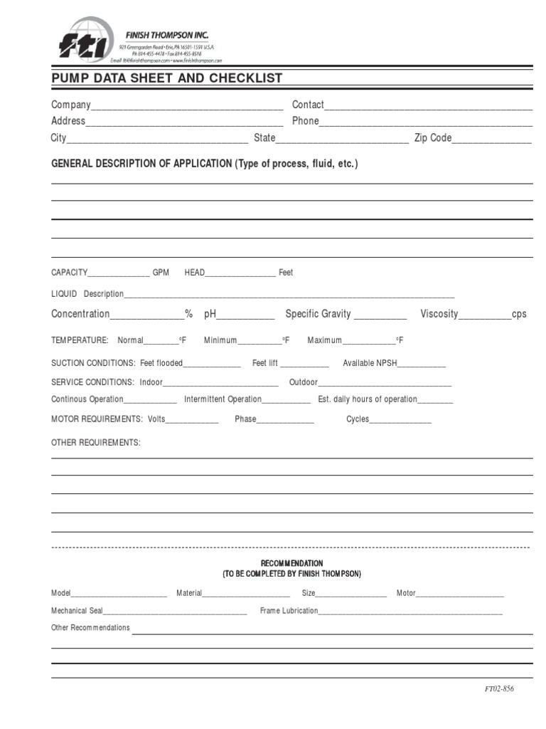 Pump Data Sheet and Checklist: GENERAL DESCRIPTION OF APPLICATION (Type ...