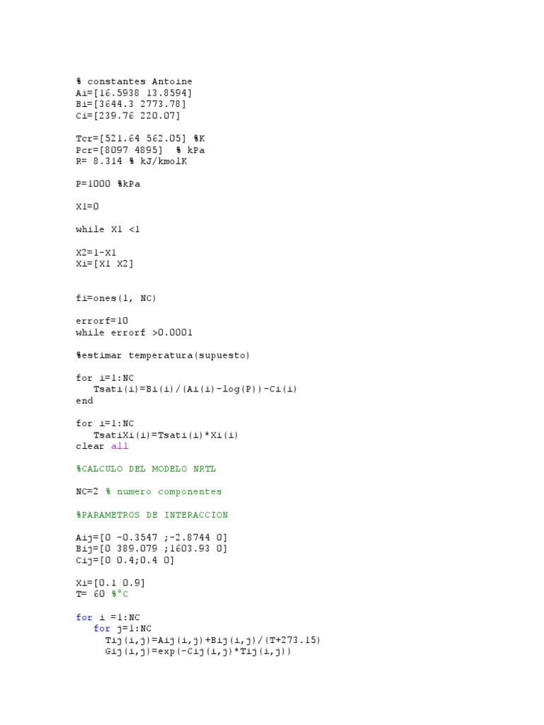 NRTL Model Calculation for Two Components | PDF
