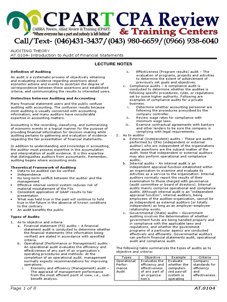 Lecture Notes Auditing Theory At 0104 Introduction To Audit Of Financial Statements Pdf