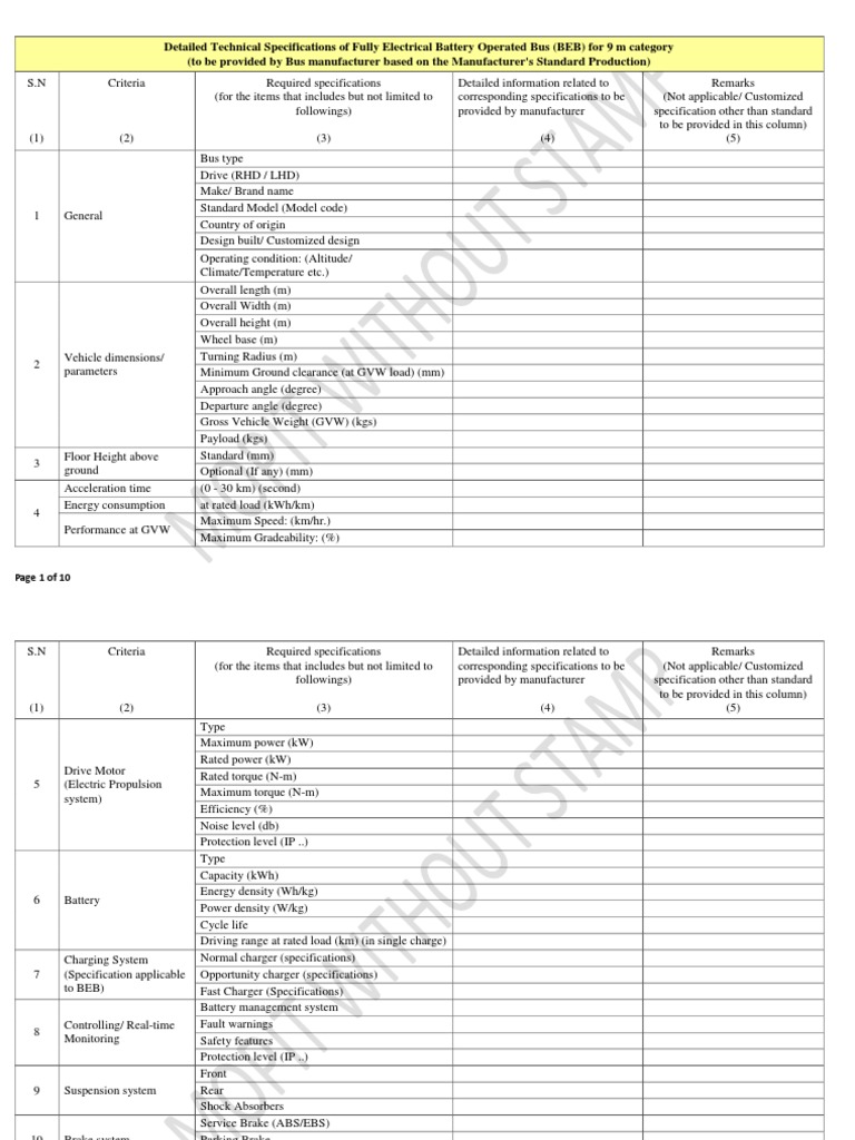 Specification Fully Electrical Battery Operated Bus | PDF | Battery ...