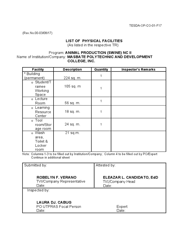 TESDA-OP-CO-01-F17 List of Physical Facilities - EDIT | PDF