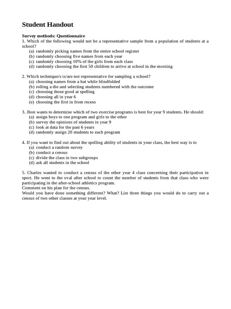 Student Handout: Survey Methods: Questionnaire | PDF