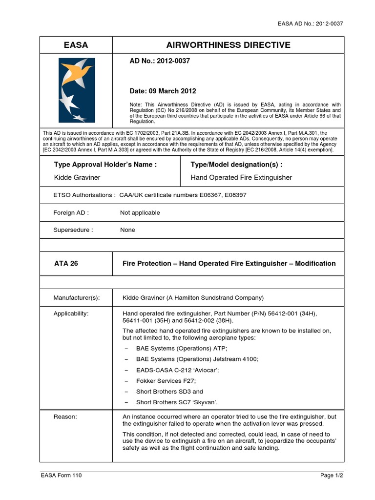 EASA AD No. 2012-0037 Modifies Hand Fire Extinguishers | PDF ...