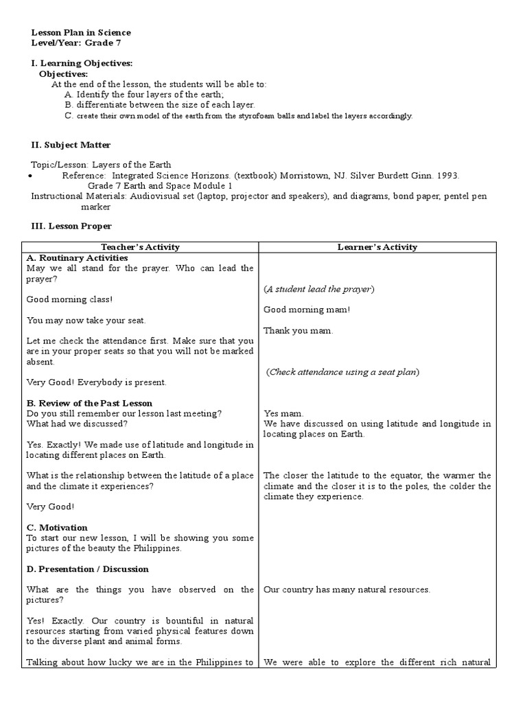 Lesson Plan in Science Level/Year: Grade 7 I. Learning Objectives ...