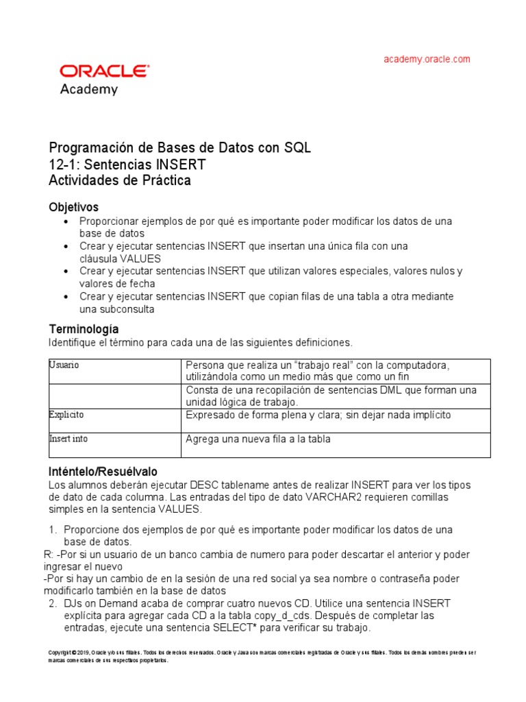 DP 12 1 Practice Esp | PDF | SQL | Datos