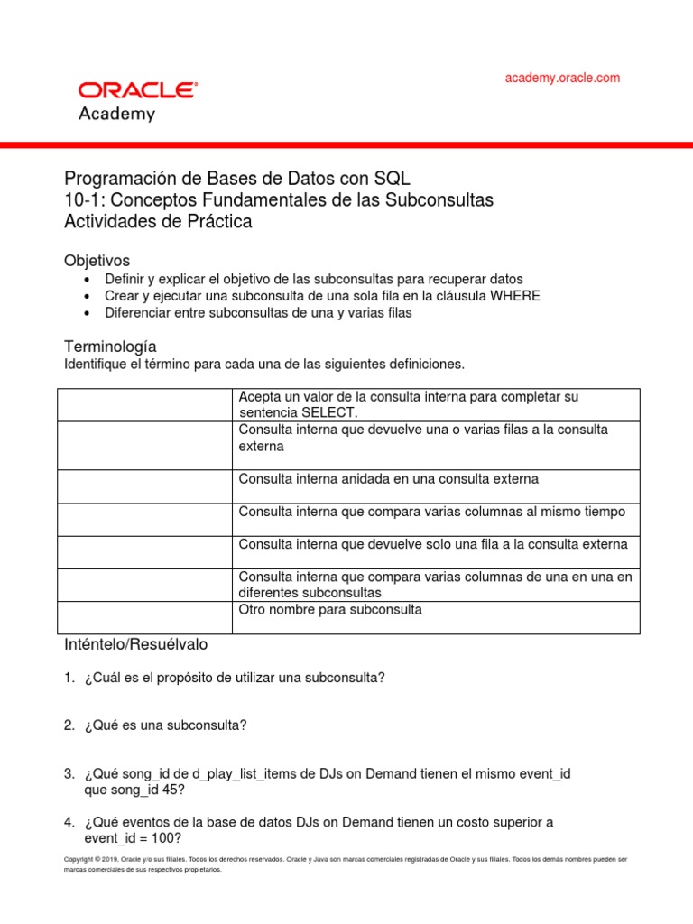DP 10 1 Practice Esp PDF | PDF | SQL | Oracle Corporation