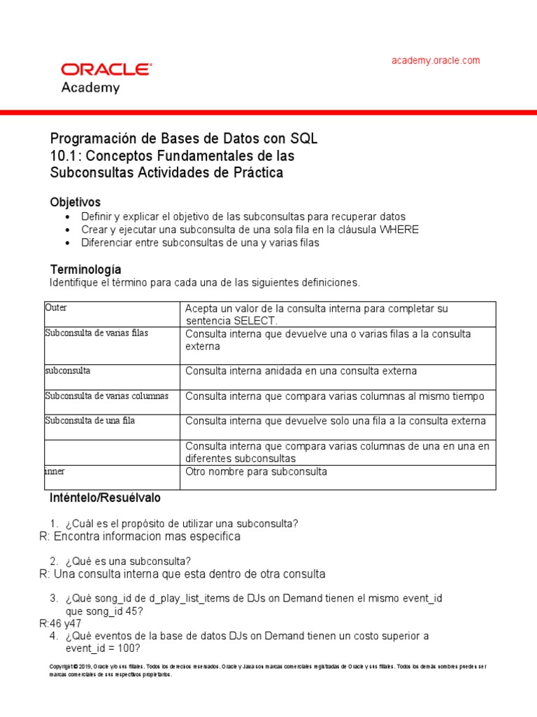 DP 10 1 Practice Esp | PDF | SQL | Oracle Corporation