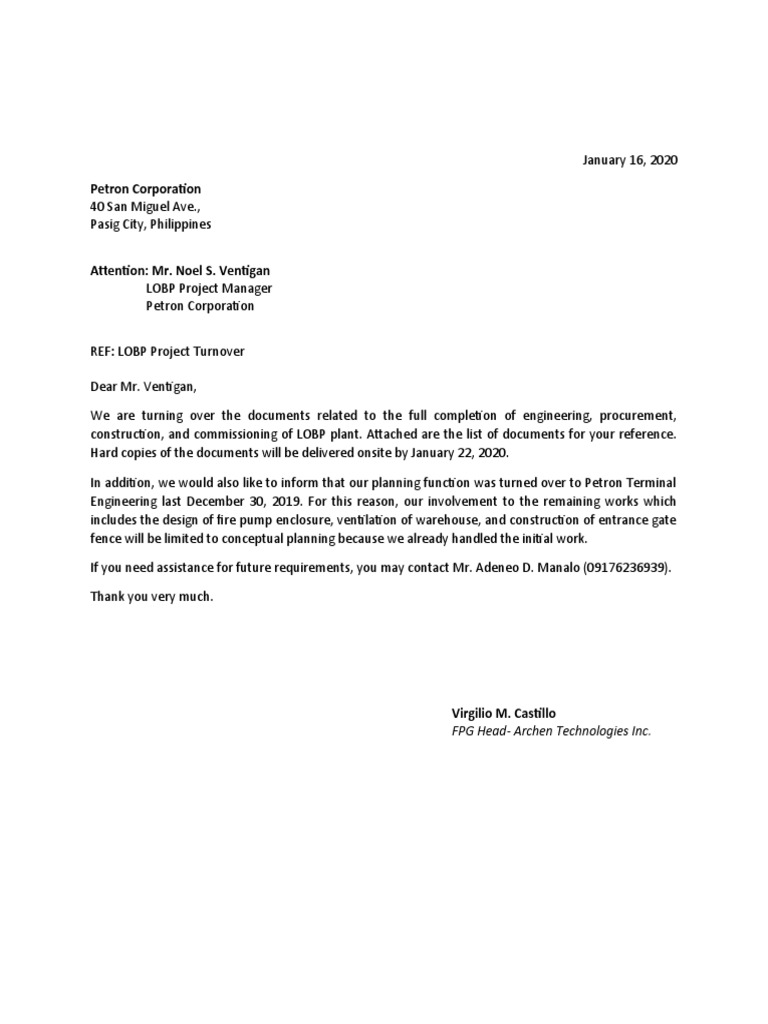 Turn Over Letter Sample | PDF