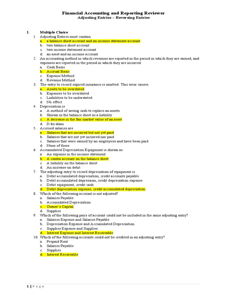 Adjusting Entry Multiple Choice Question and Answer Key | PDF | Debits ...