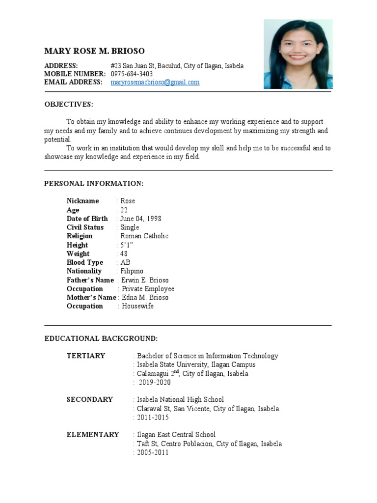 Mary Rose M. Brioso's Resume for Job Application | PDF