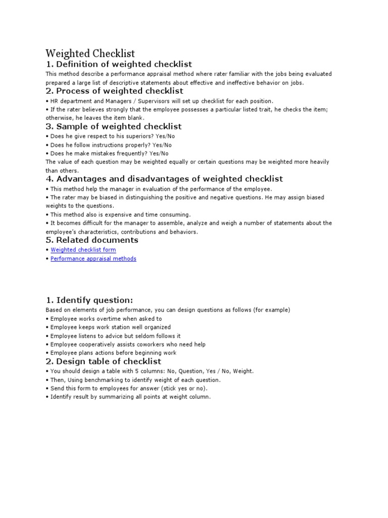 Weighted Checklist: 1. Definition of Weighted Checklist 2. Process of ...