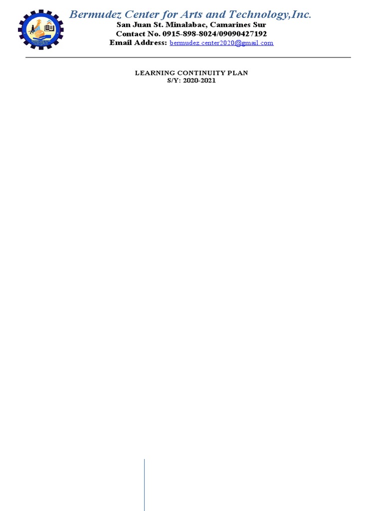 Bermudez Center for Arts and Technology's Comprehensive Learning Continuity Plan for the 2020 ...