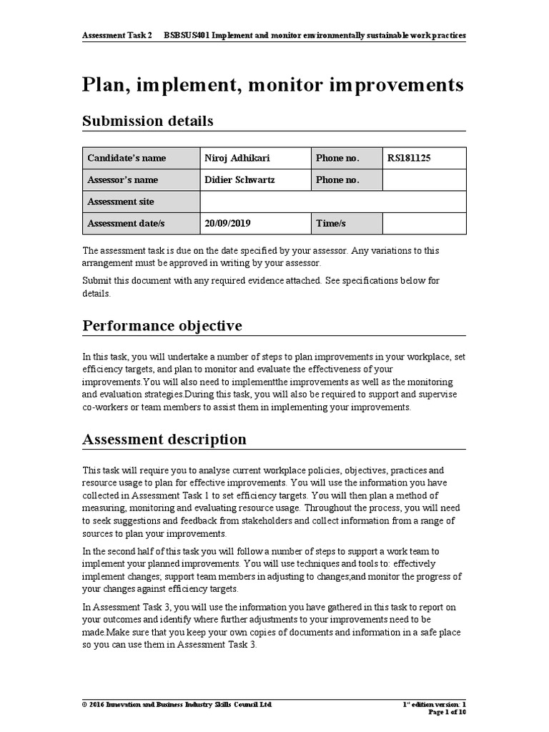 Plan, Implement, Monitor Improvements: Submission Details | PDF ...