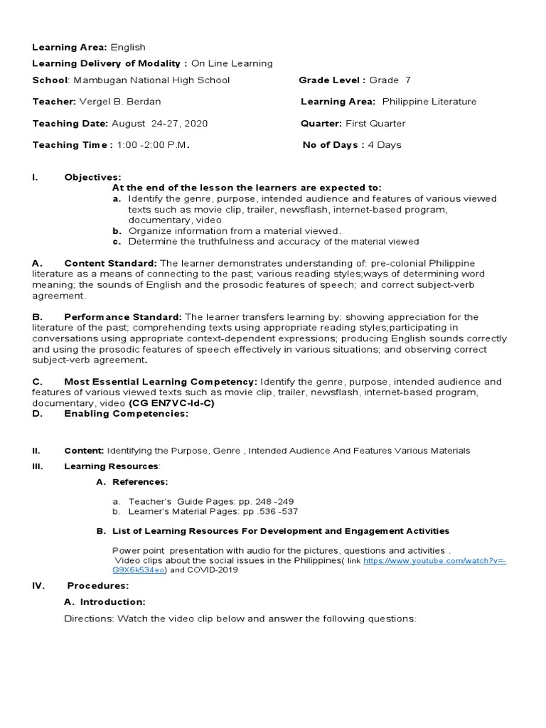 Exemplar in English 7 First Quarter | PDF | Learning | Behavior Modification