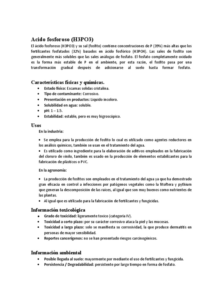 Usos y características del ácido fosforoso | PDF | Fertilizante ...