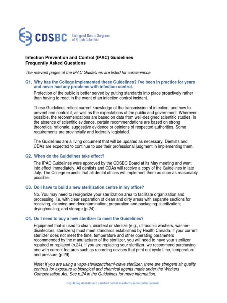 Infection Prevention and Control (IPAC) Guidelines Frequently Asked ...