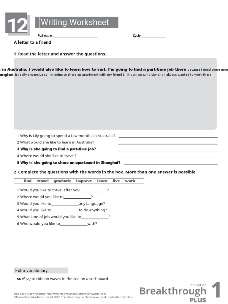 Writing Worksheet: A Letter To A Friend | PDF