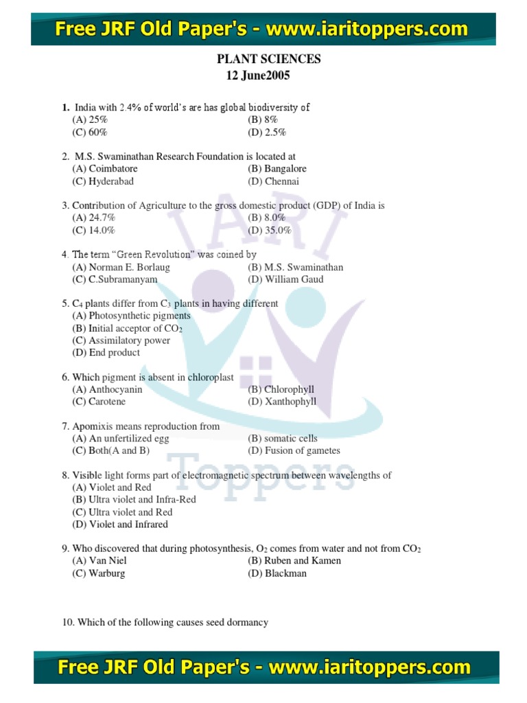 Plant Science JRF Exam Preparation | PDF | Ploidy | Meiosis