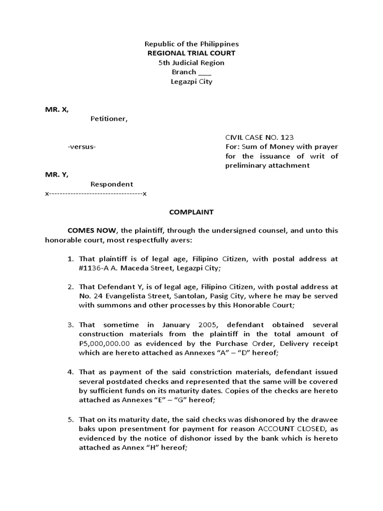 Preliminary Attachment Sample | PDF | Affidavit | Lawsuit