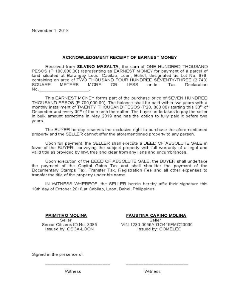 Acknowledgment Receipt - Magdaleno Molina 1 | PDF | Deed | Receipt