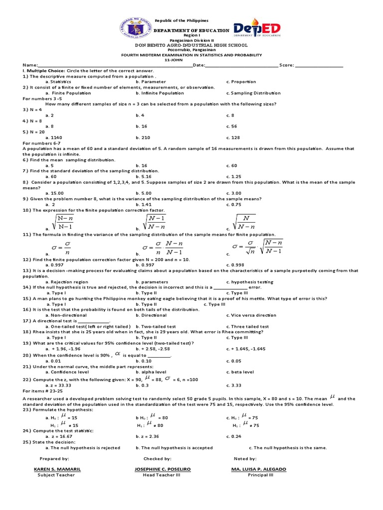 STAT AND PROB Exam | PDF | Statistical Hypothesis Testing | Type I And ...