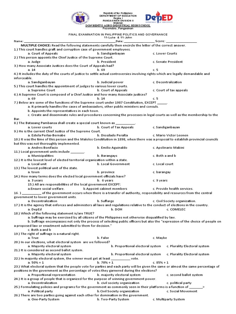MULTIPLE CHOICE: Read The Following Statements Carefully Then Encircle ...