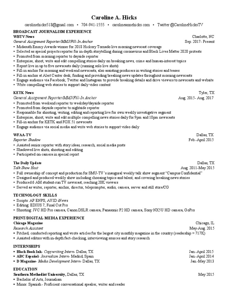Caroline A. Hicks: General Assignment Reporter/MMJ/Fill-In Anchor | PDF ...