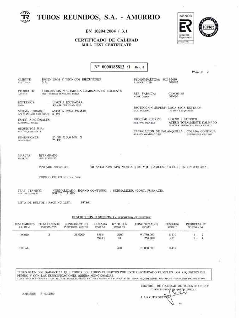Tubos ASTM A192 Ø2" X 25 | PDF