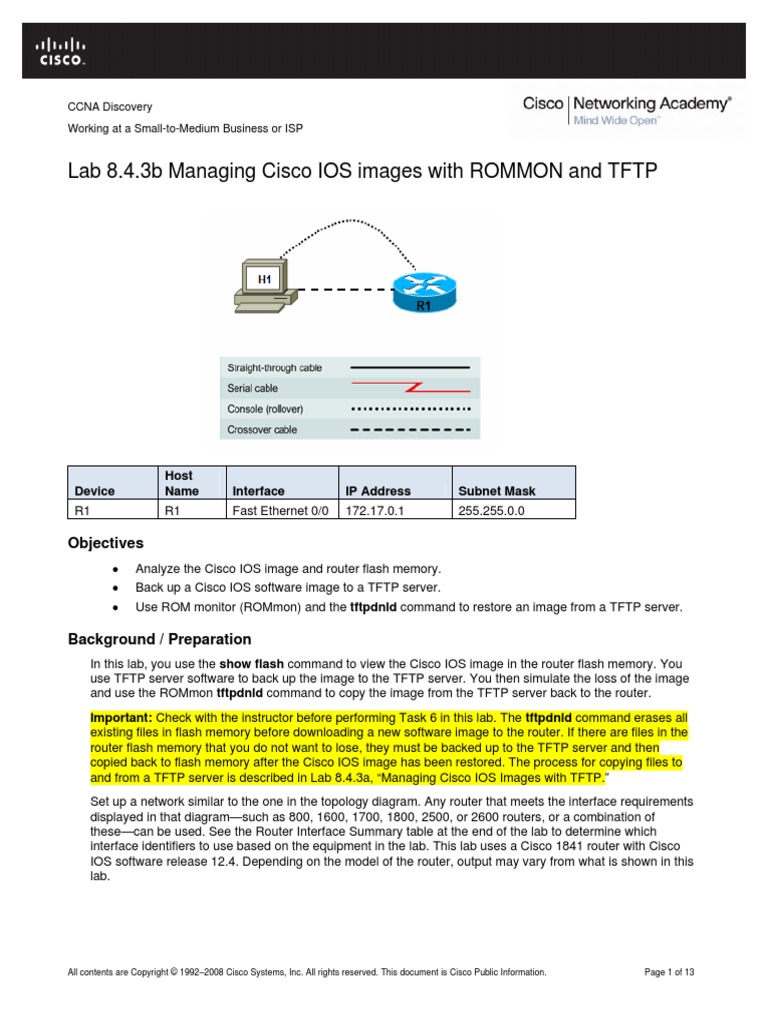 Lab 8.4.3b Managing Cisco IOS Images With ROMMON and TFTP: Objectives | PDF | Router (Computing ...