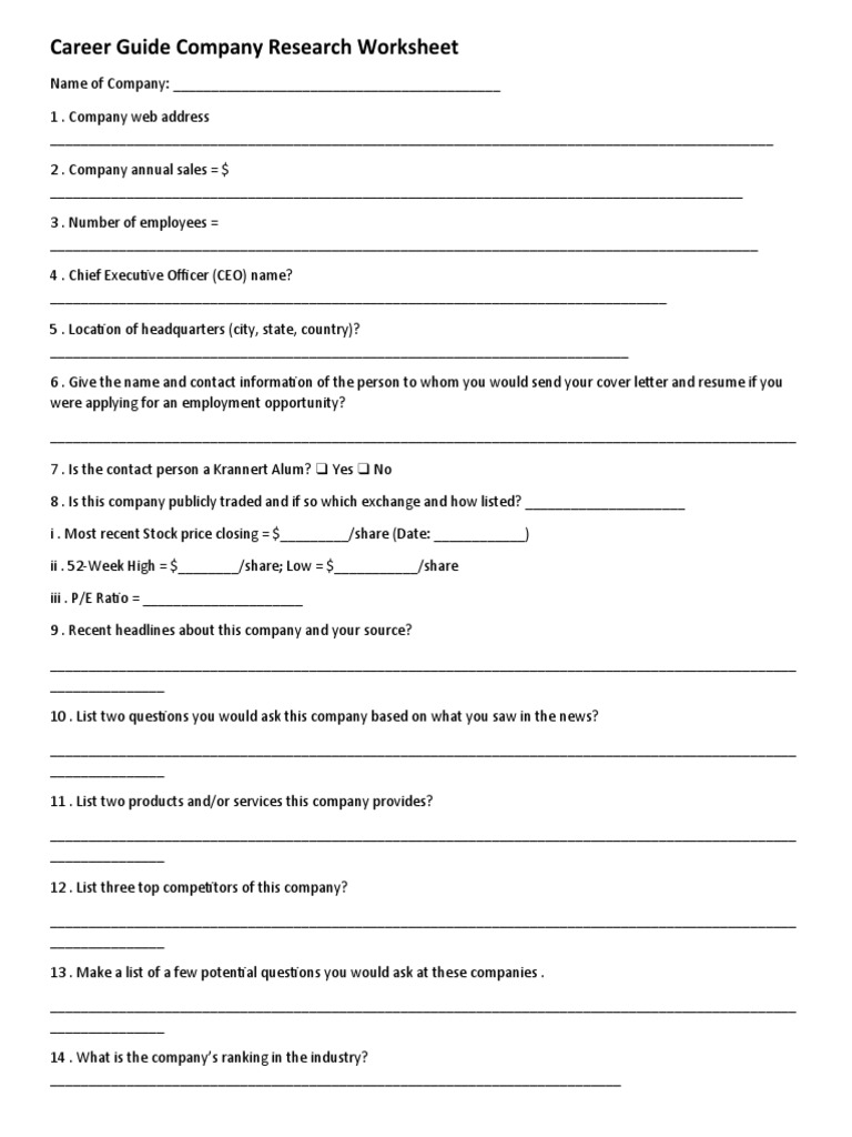 Company Research Worksheet | PDF | Investing | Corporations