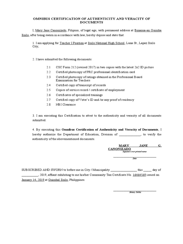 Omnibus Certification of Authenticity and Veracity of Documents | PDF