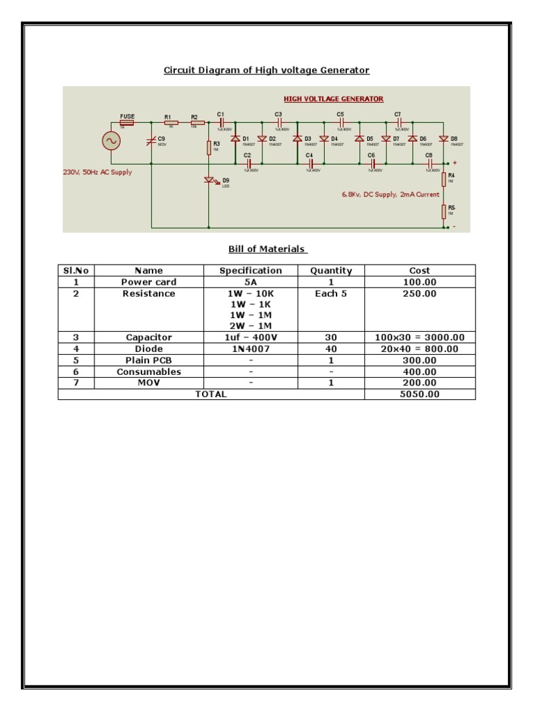 230V, 50Hz AC Supply 6.8Kv, DC Supply, 2ma Current +: C1 C3 C5 C7 R1 R2 ...