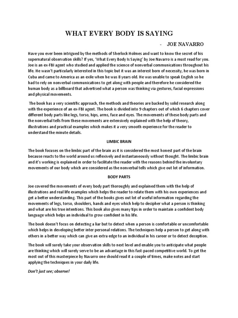 What Every Body Is Saying: - Joe Navarro | PDF | Nonverbal ...