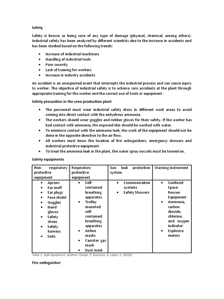Safety: Table 1: Safe Equipment. Authors: Cango. P, Espinoza. A, Lopez ...