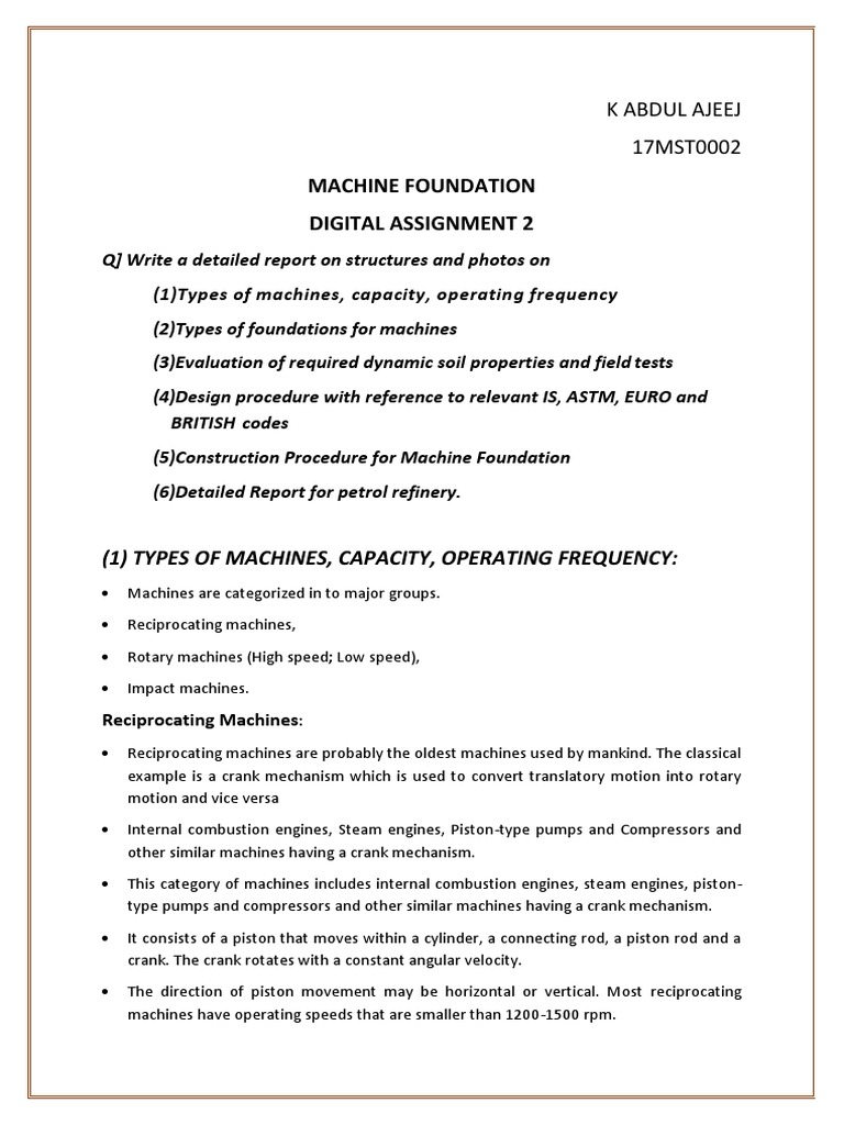 Machine Foundation Digital Assignment 2: (1) Types of Machines ...