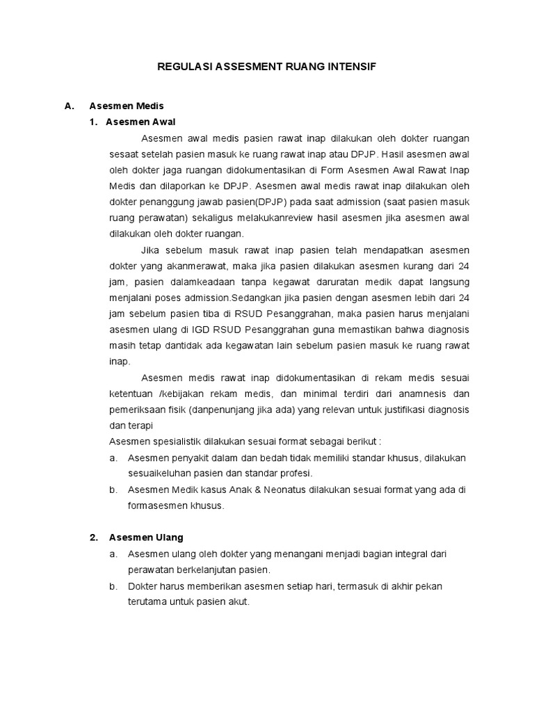 Regulasi Assesment Ruang Intensif | PDF
