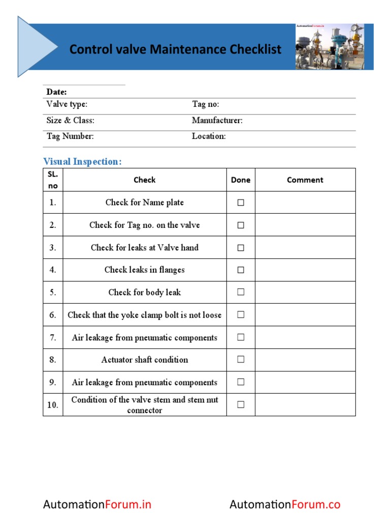 Control Valve Maintenance Checklist | PDF | Leak | Valve