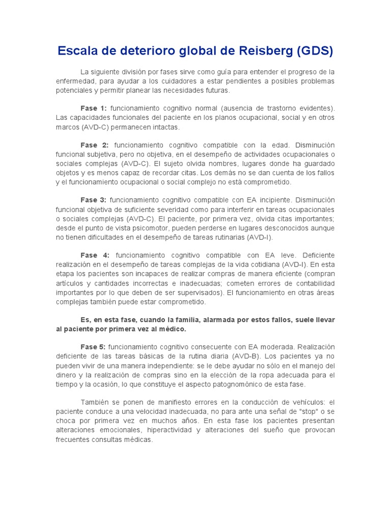 Escala - Escala de Deterioro Global de Reisberg (GDS) | PDF | Psicología clínica | Neurociencia