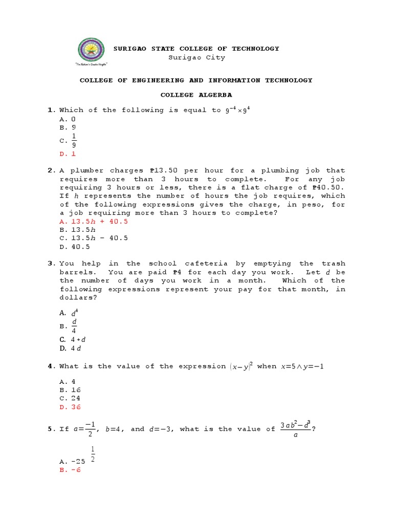 Algebra Questionnaire For Entrance | PDF | Function (Mathematics ...