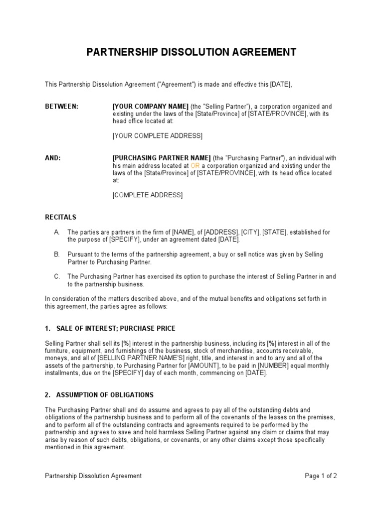 Partnership Dissolution Agreement Template | PDF | Partnership | Indemnity